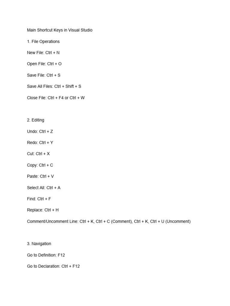Main Shortcut Keys For Ultimate Productivity in Visual Studio | PDF