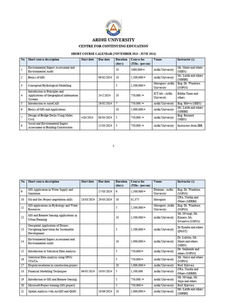 ARU - Short Course Calendar 2024 | PDF