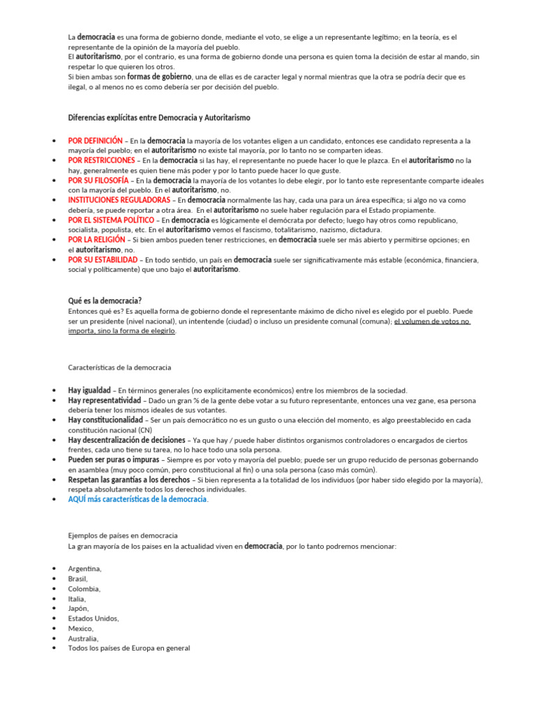 Diferencia Entre Democracia y Autoritarismo Sociologia | PDF
