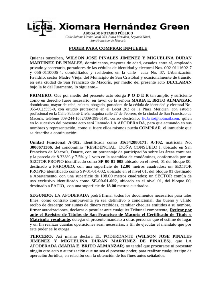 PODER PARA COMPRAR- WILSON JOSE PINALES JIMENEZ - MARIA BRITO | PDF