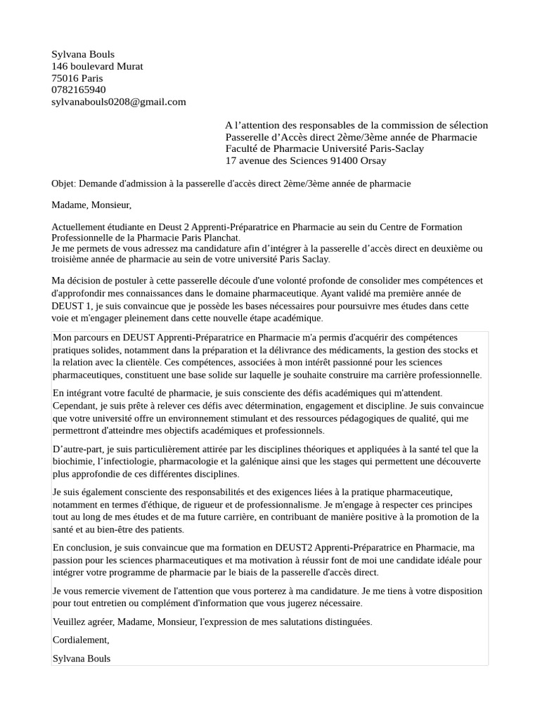 Lettre de Motivation Pharmacie | PDF