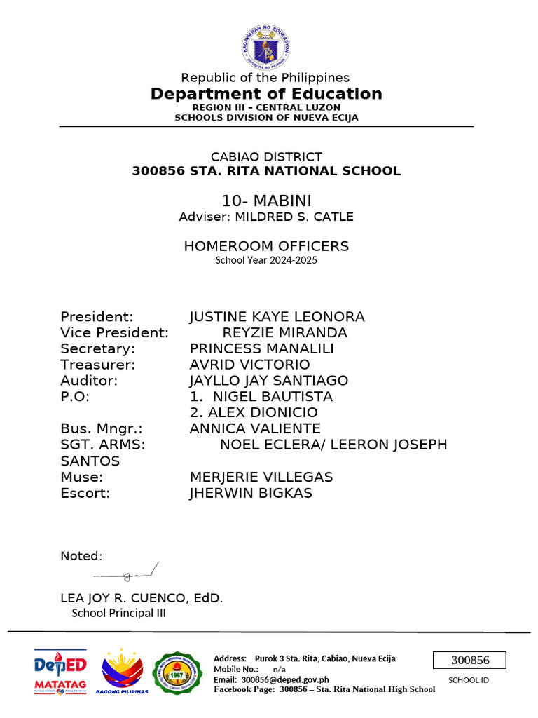 10- MABINI -Homeroom-and-PTA-Officers_074450 | PDF