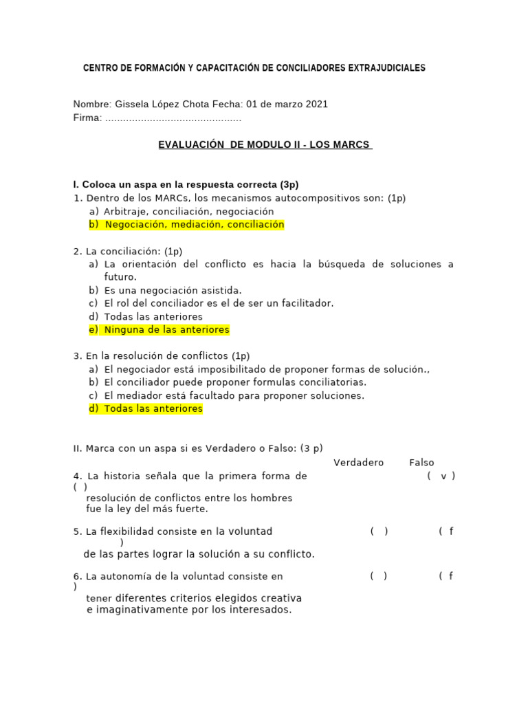 Evaluacion Modulo Ii Mecanismos Aoslternativos de Resolucion de Conflictos | PDF | Mediación ...