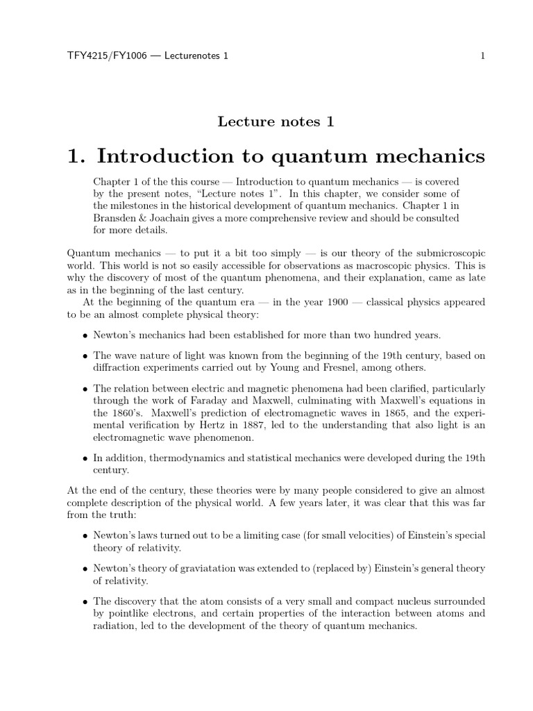 Introduction To Quantum Mechanics Lecturenotes1 | PDF