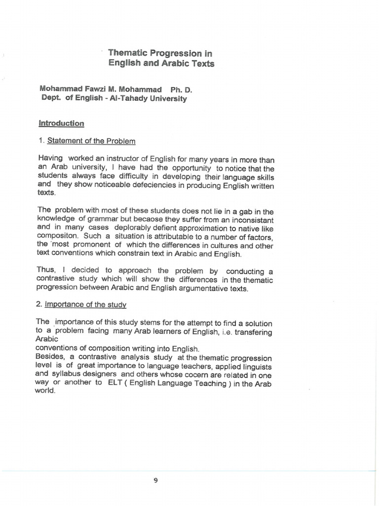 Thematic Progressionin English and Arabic Argumentative Text | PDF Thematic Progressionin English and Arabic Argumentative Text | PDF