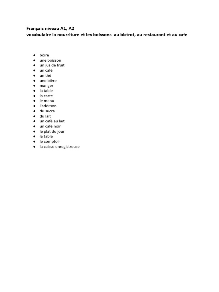 Français Niveau A1, A2 Vocabulaire | PDF