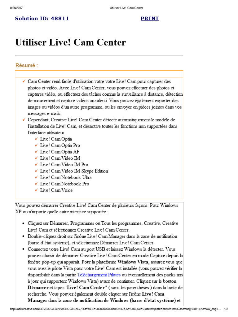 Utiliser Live! Cam Center | PDF