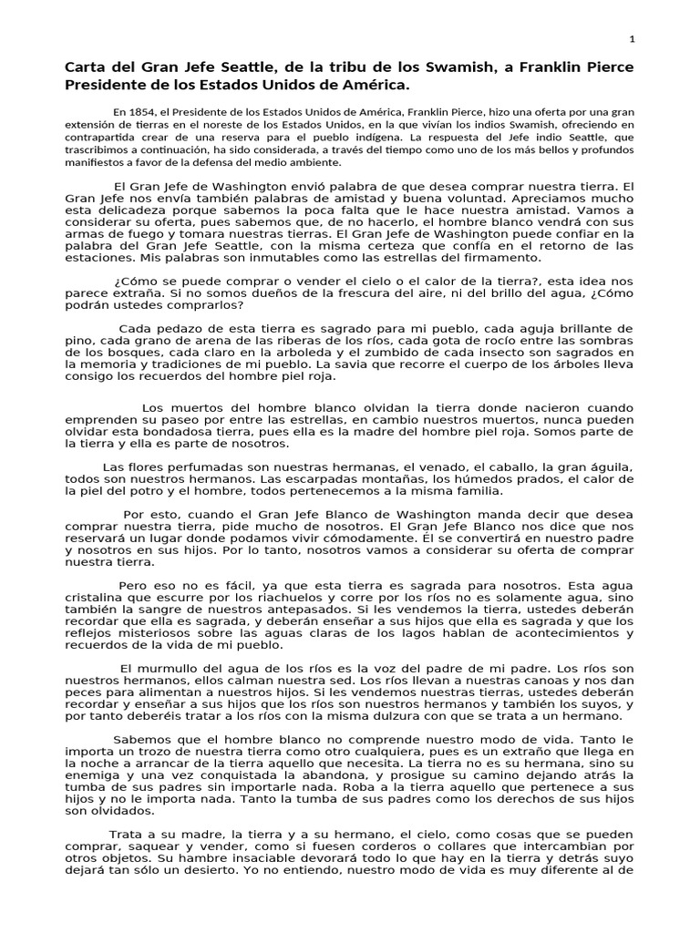 Carta Del Gran Jefe Seattle | PDF