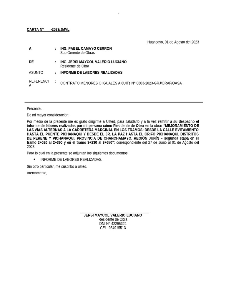 CARTA DE INFORME DE LABORES- ORDEN DE SERVICIO | PDF