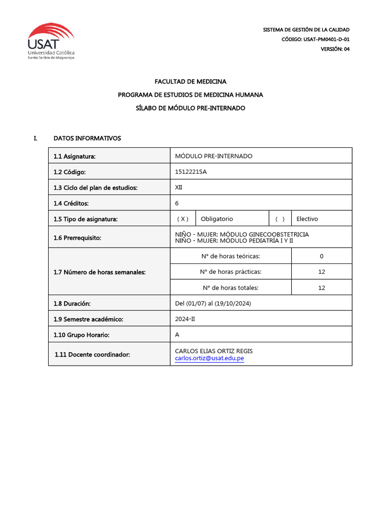 Silabo 2024-II MÓDULO PRE-INTERNADO A | PDF