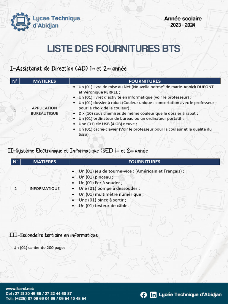 LTA Fournitures BTS 2023 2024 | PDF