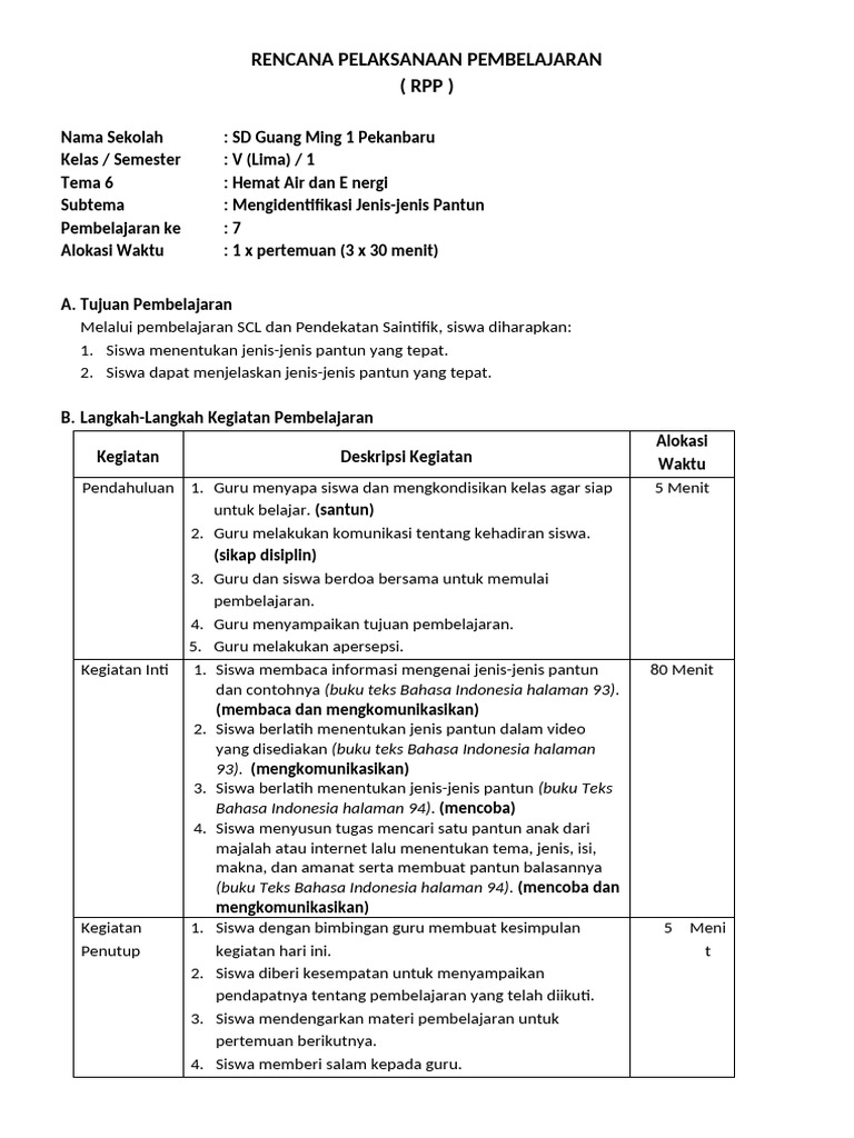 10 Februari RPP - BINDO - P5 - Berbalas Pantun Dengan Intonasi Yang Tepat | PDF