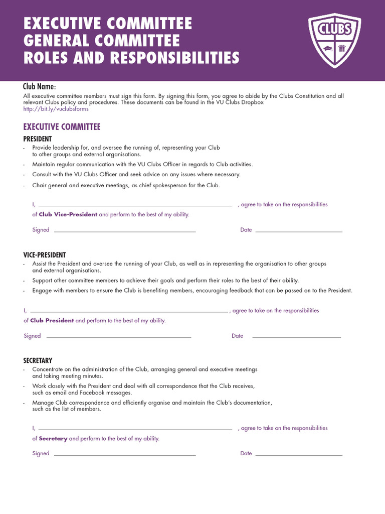 Clubs Executive Roles Responsibilities Form | PDF