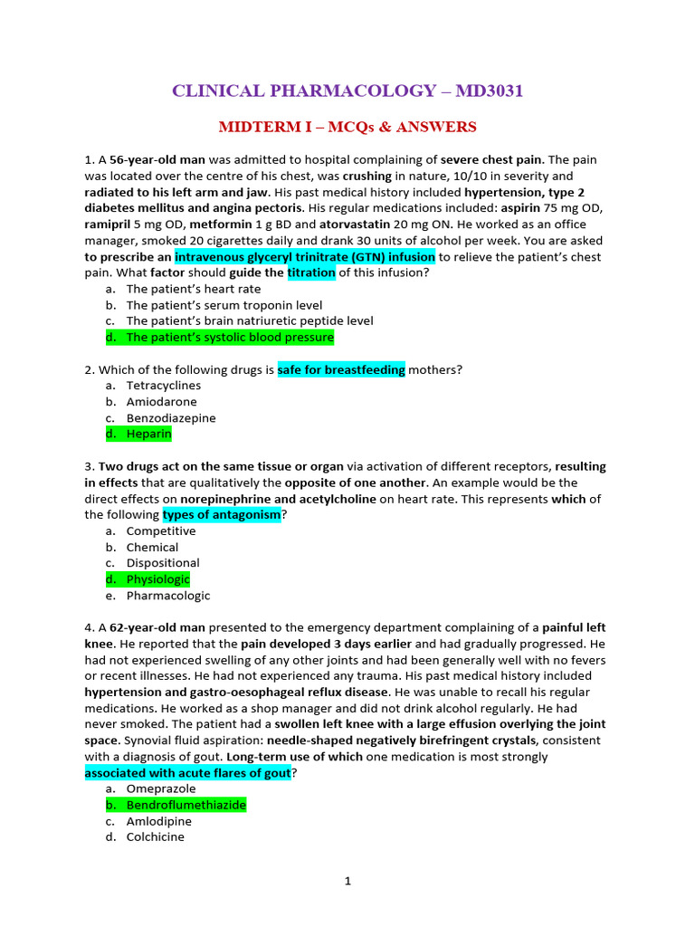 Clinical Pharmacology - Md3031: Midterm I - Mcqs & Answers | PDF