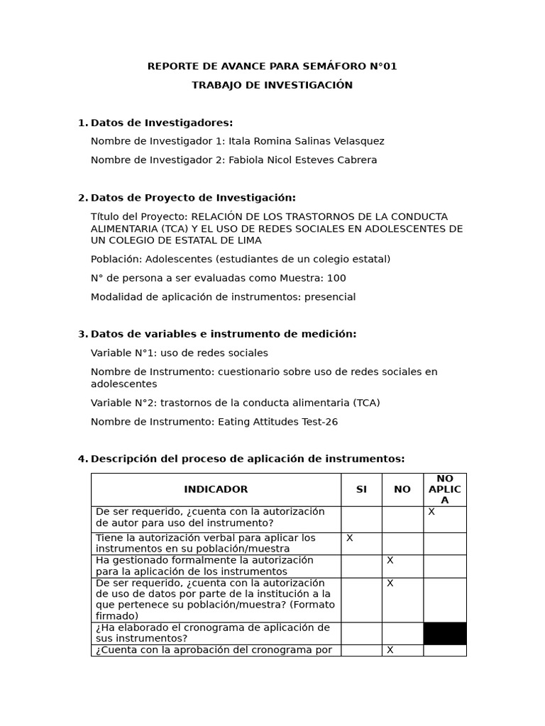 REPORTE DE AVANCE PARA SEMÁFORO N°01 | PDF