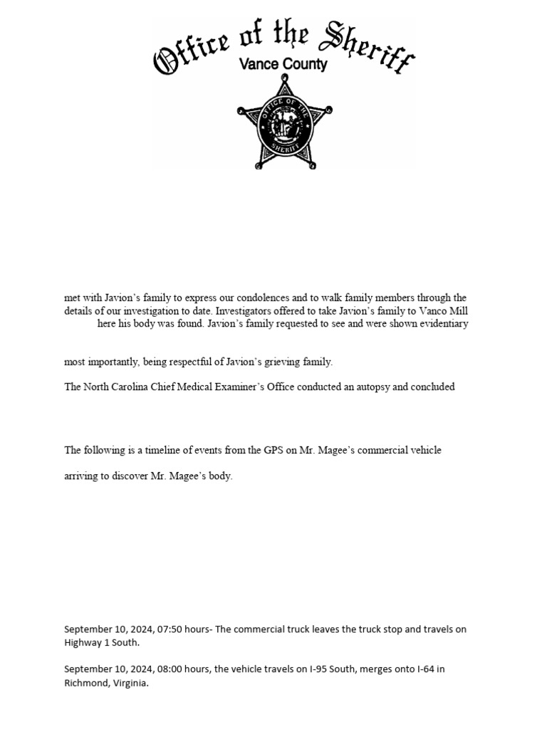 Javion Magee Death/investigation Timeline - Vance County Sheriff's ...