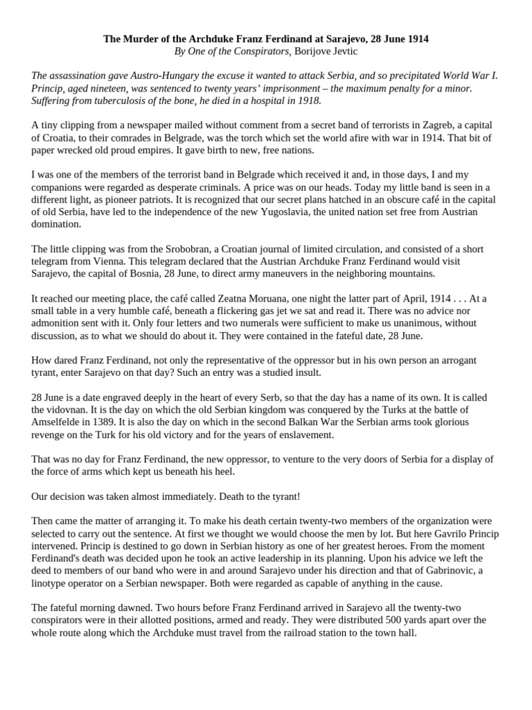 Murder of Archduke Franz Ferdinand Story - Questions | PDF