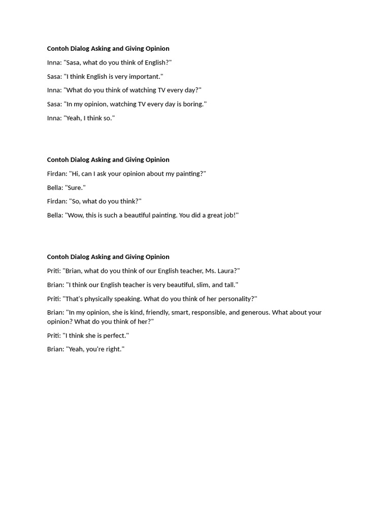 Contoh Dialog Asking and Giving Opinion | PDF