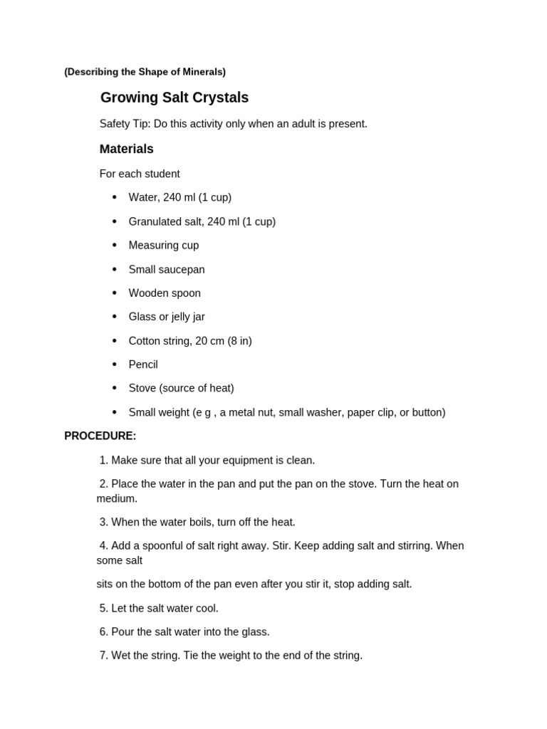 Growing Salt Crystals - Activity - 064702 | PDF