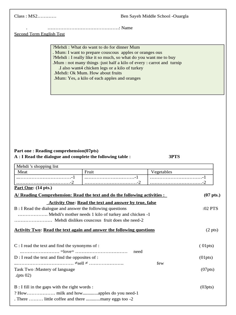 2MS Test 2nd Term | PDF