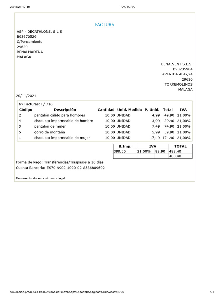 Factura #716 Decathlon 20-11-2021 | PDF