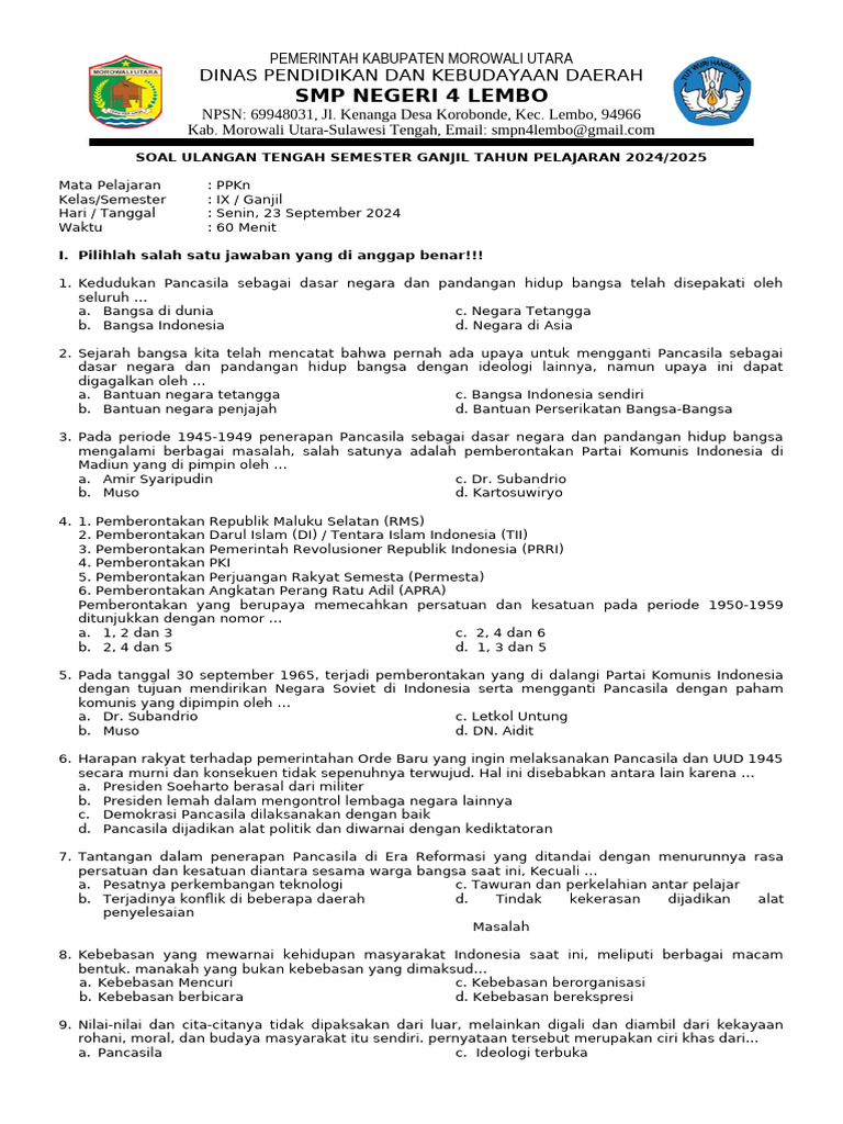 Soal Mid Semester ganjil 2022 kls 9 | PDF