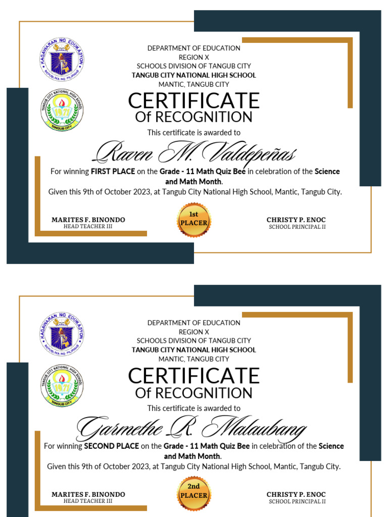 Math Quiz Bee Certificates | PDF