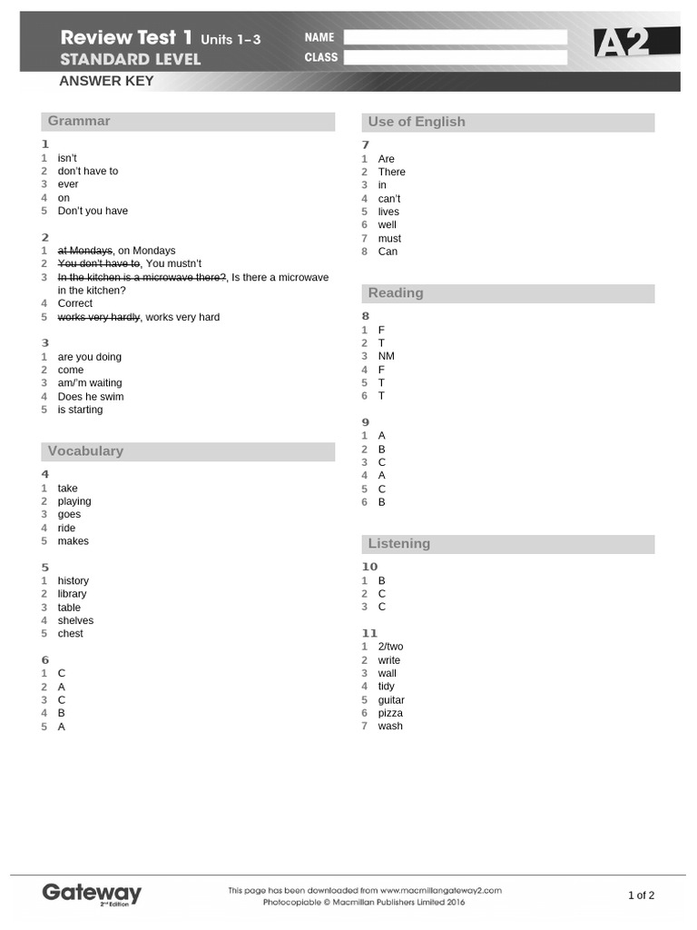 A2 Review test 1 answer key standard | PDF