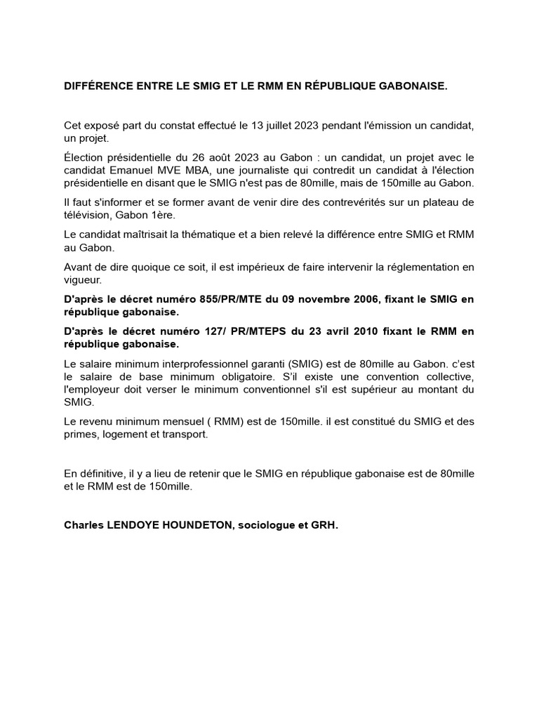 DIFFÉRENCE ENTRE SMIG ET RMM EN RÉPUBLIQUE GABONAISE^ | PDF