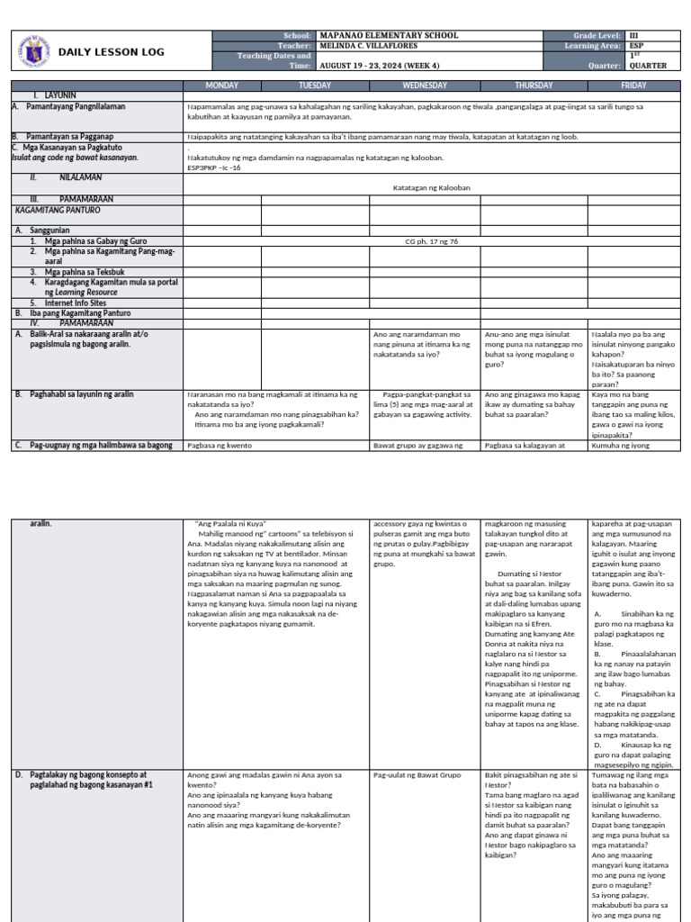 DLL - Esp 3 - Q1 - W4 | PDF | Philippines