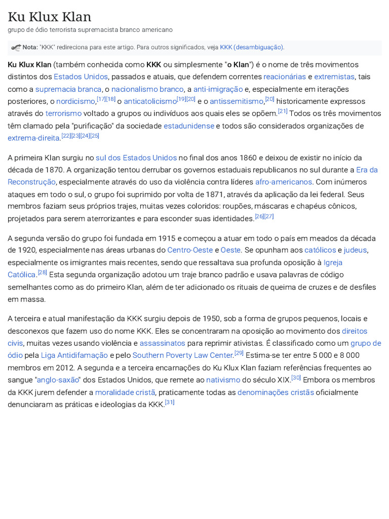 Ku Klux Klan - Wikipédia, A Enciclopédia Livre | PDF