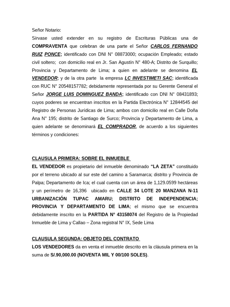Minuta Compra Venta Sr. Fernando Ruiz Ponce | PDF