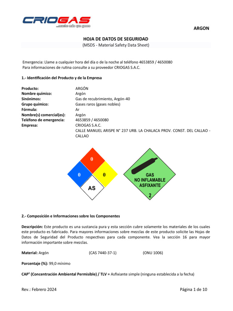 MSDS Argon Criogas 2024 | PDF