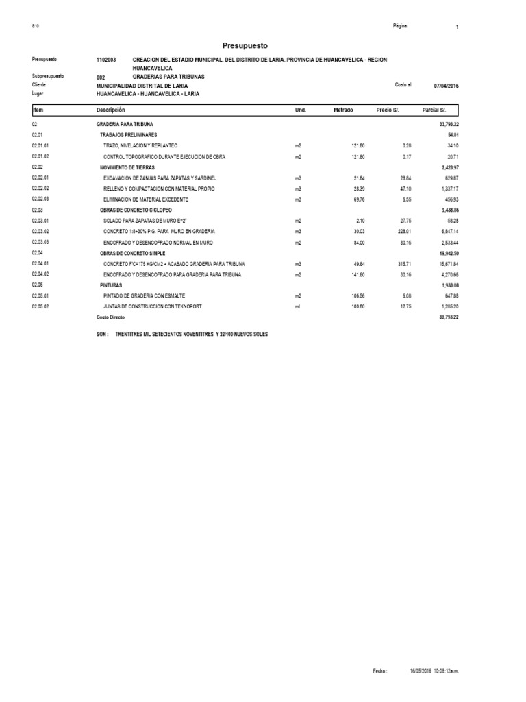 Presupuesto Graderias | PDF