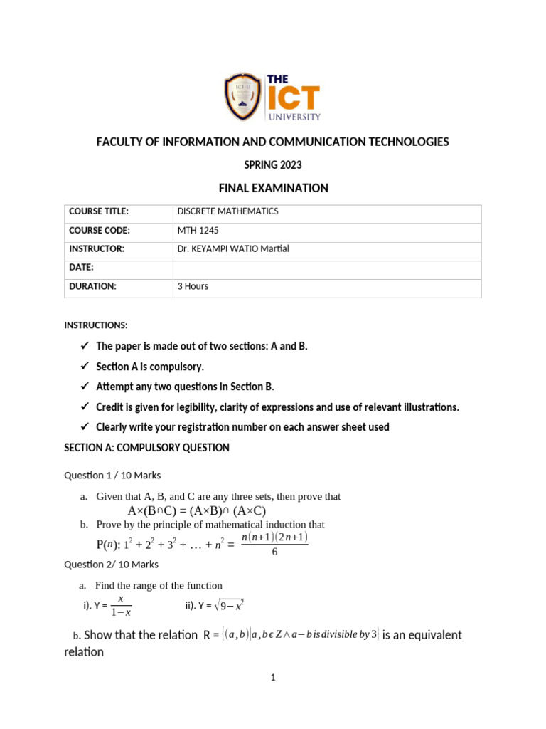 Discrete Mathematics Final Exam 2023 | PDF | Mathematics | Teaching ...