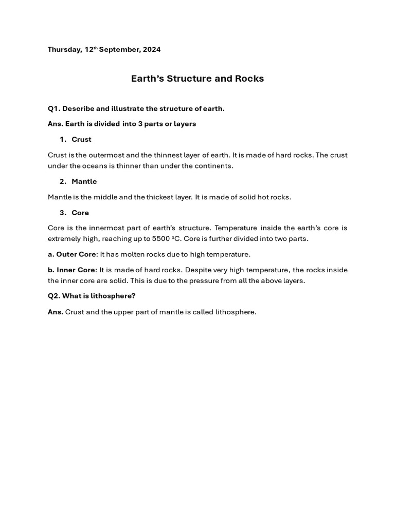 1 Q - Assignment # 2 (Earth's Structure and Rocks) | PDF