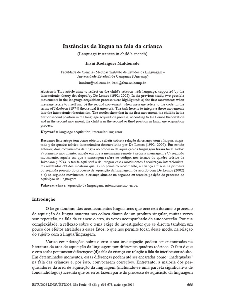 MALDONADE. Instâncias Da Língua Na Fala Da Criança. 2014 | PDF