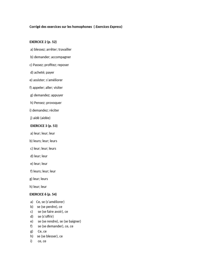 Corrigé des exercices sur les homophones | PDF