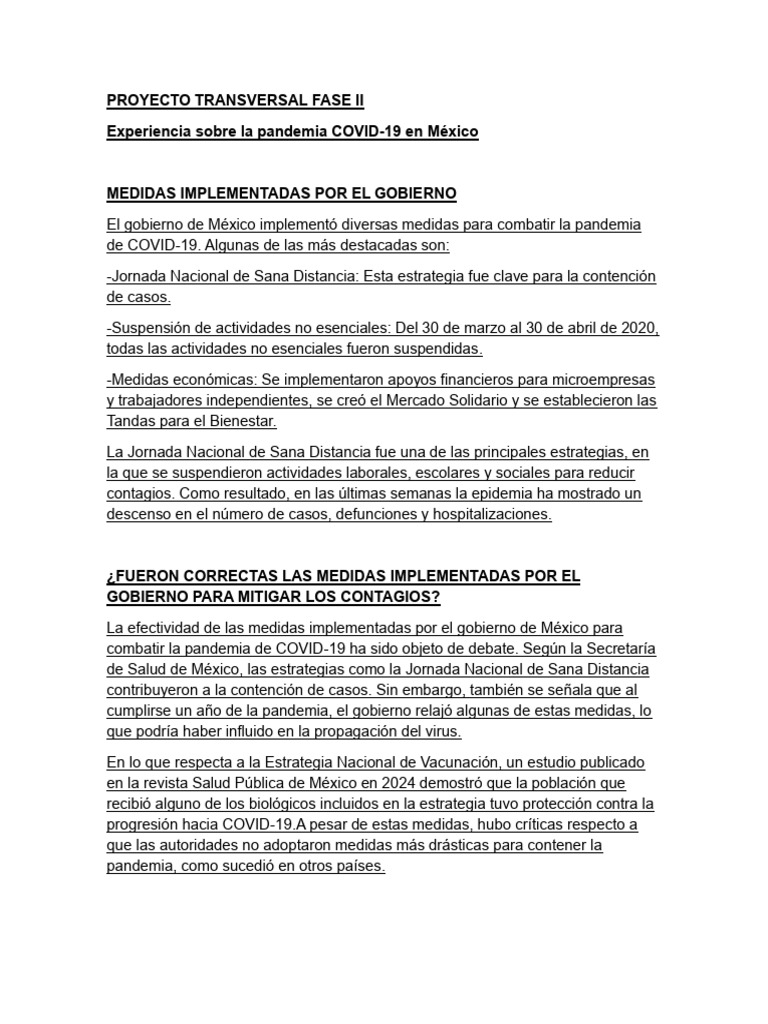 Proyecto Transversal Fase Ii Experiencia Sobre La Pandemia COVID-19 en México | PDF