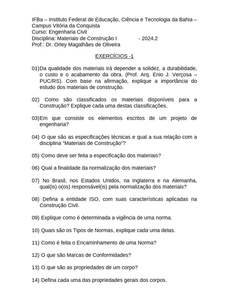 Lista Exercício 1 Int - Tensão Def Eng Civil | PDF