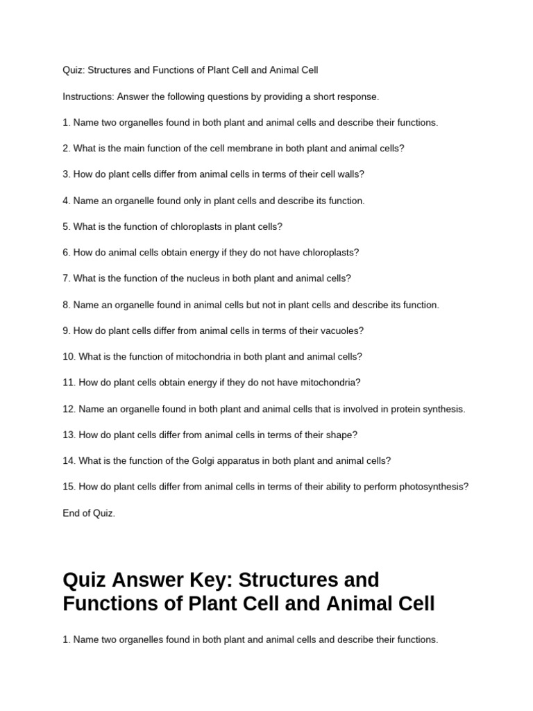 Quiz - Structures and Functions of Plant Cell and Animal Cell | PDF ...