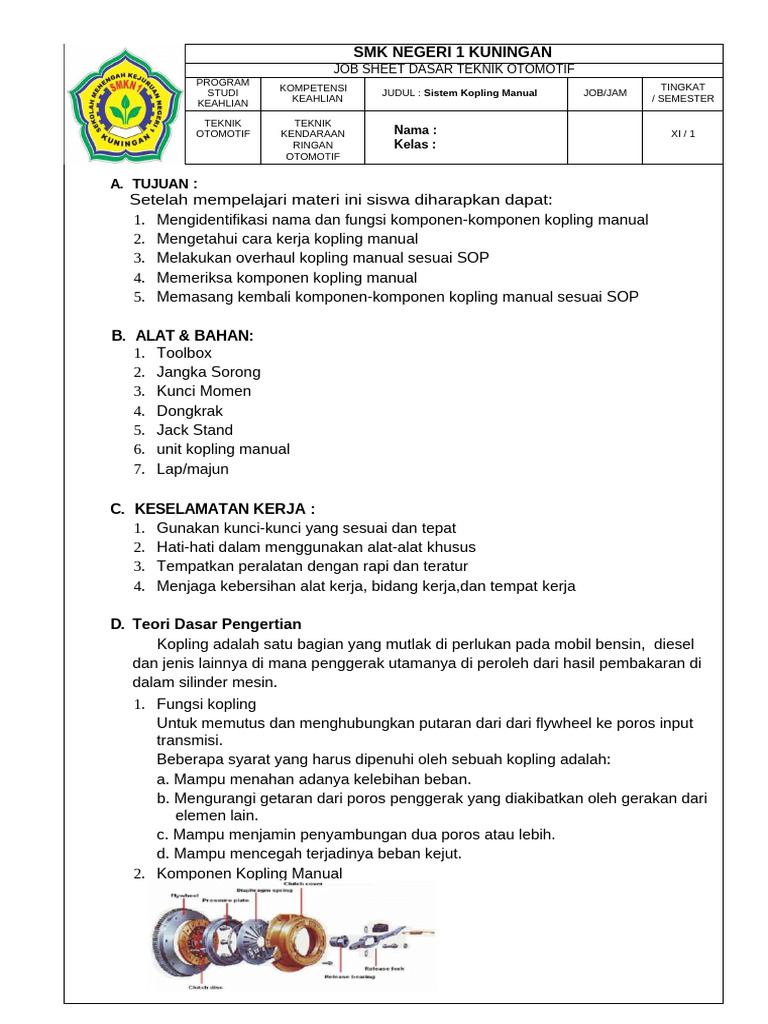 Tugas 1 Kelas XI TKR Jobsheet-Sistem-Kopling | PDF