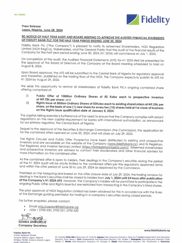 Fidelity Bank - Half Yearly Audited Financial Statement For June 30 ...