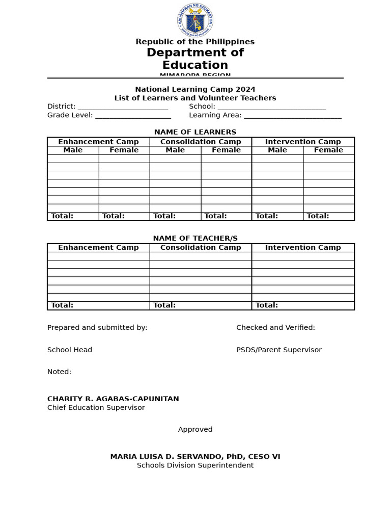 2024 National Learning Camp NLC List of Teacher and Learners Template | PDF