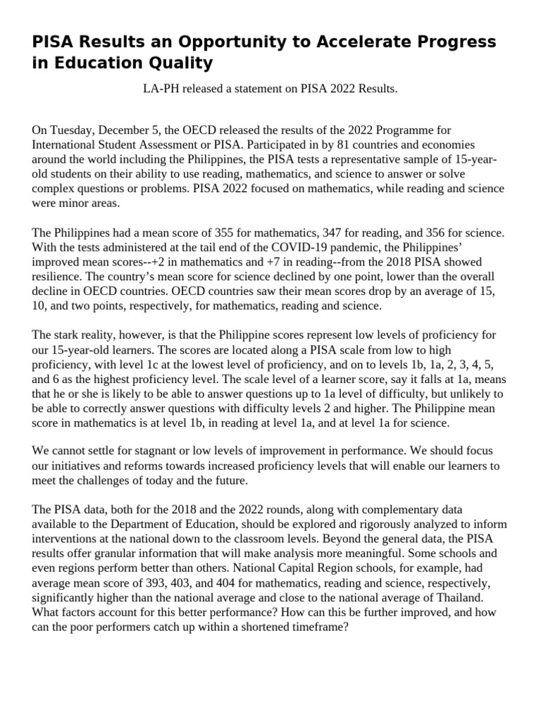 Reading Material PISA Results An Opportunity To Accelerate Progress in ...