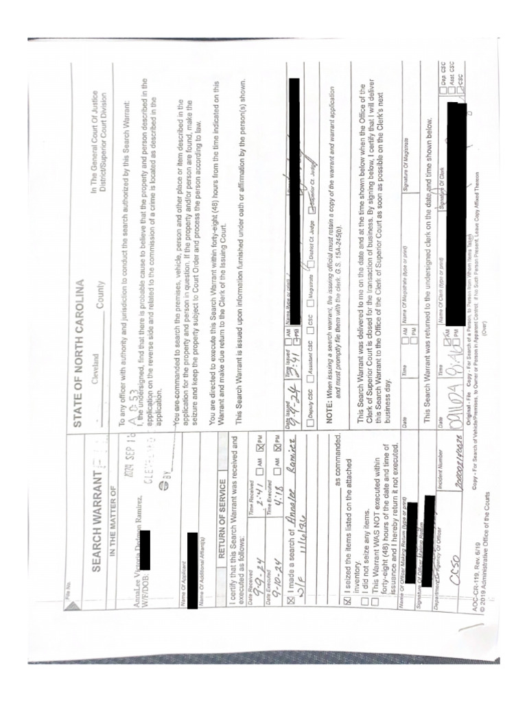 CCSO Search Warrant 6 - AnnaLee Victoria Dedmon Ramirez (Edited) | PDF