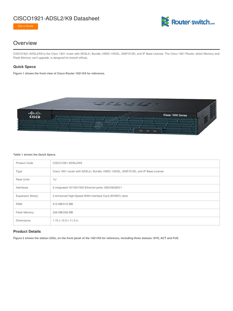 Cisco1921 Adsl2 k9 Datasheet | PDF