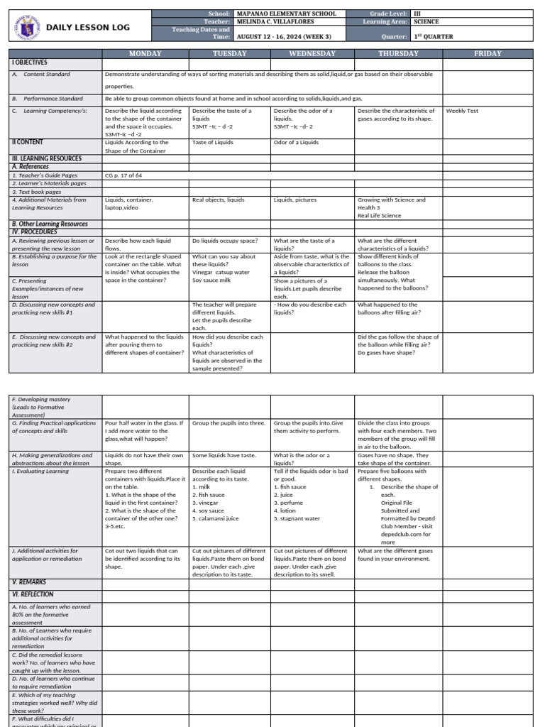 DLL - Science 3 - Q1 - W3 | PDF