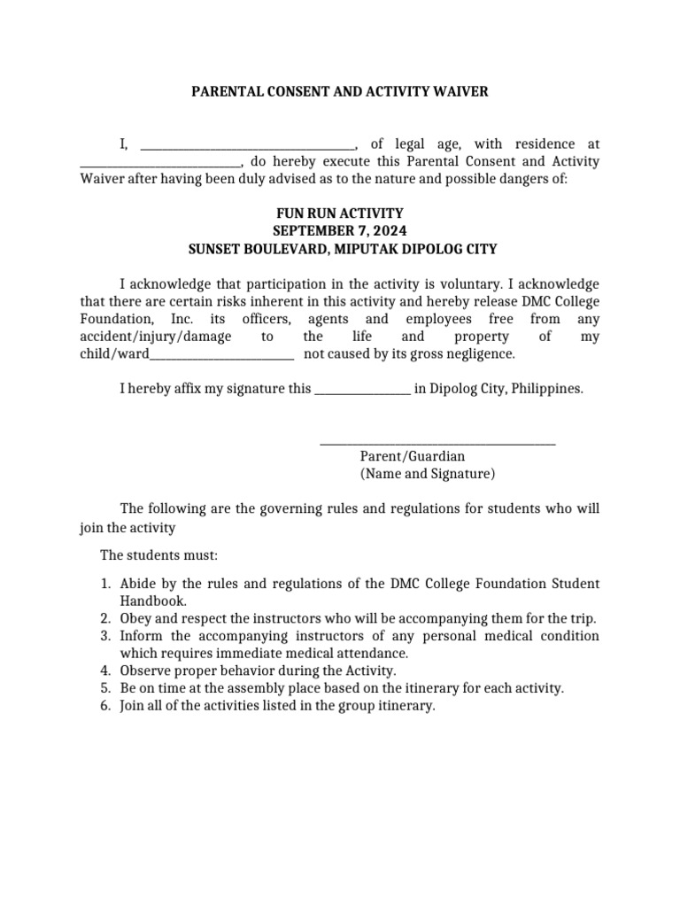 Fun Run Parental Consent Waiver | PDF | Finance & Money Management