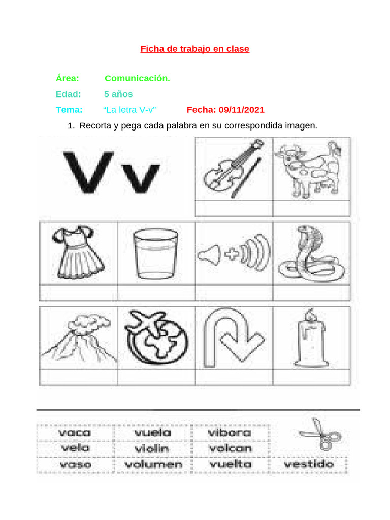 Ficha 5 Años "La Letra V-V" | PDF